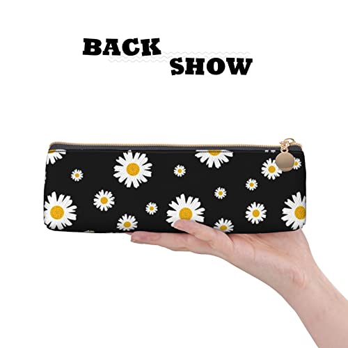 Ykklima White Yellow Daisy Flower Black Leather Pencil Case Zipper Pen Makeup Cosmetic Holder Pouch Stationery Bag for School, Work, Office