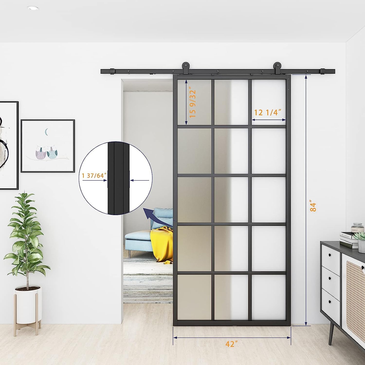 BARNSMITH 42in x 84in Frosted Glass Barn Door with 7FT Top Mounted Hardware kit Include Soft Close Mechanism DIY 15 Lites Modern Aluminum Frame Glass Sliding Barn Door Disassembled Easy Installation