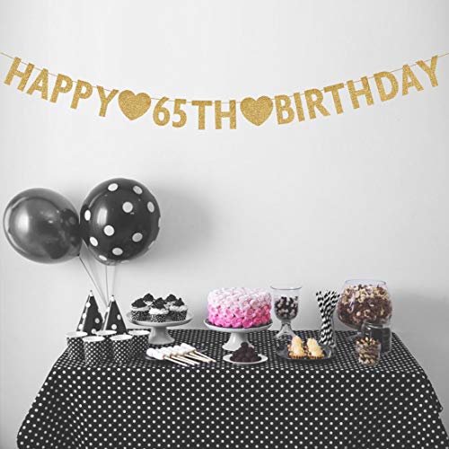 Gold Happy 65th Birthday Banner, Glitter 65 Years Old Woman or Man Party Decorations, Supplies