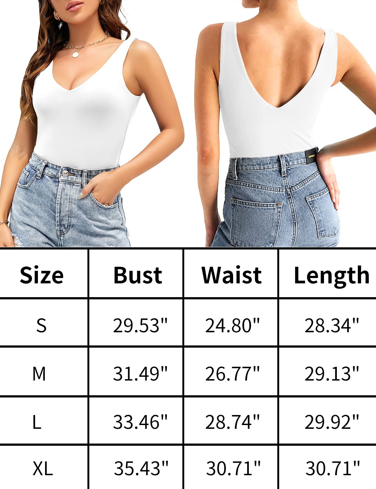 WAYMAKER Bodysuit for Women Sexy Deep V Neck Sleeveless Backless Tank Double Lined Thong Body Suits Going Out Tops (White,Small)