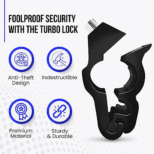 Turbo Motorcycle Lock (Black) - Anti-Theft Motorcycle Brake Lock w/Rubber Grips, Adjustable Sliders - CNC Aluminum Handlebar Scooter Lock - Lightweight Motorcycle Accessories for Scooters, ATVs