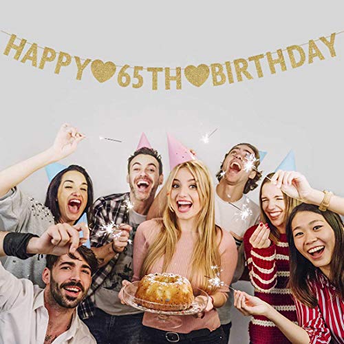 Gold Happy 65th Birthday Banner, Glitter 65 Years Old Woman or Man Party Decorations, Supplies