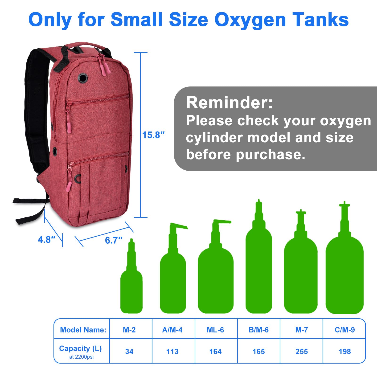 iGuerburn Small Oxygen Tank Backpack for Size M2, A/M4, ML6, B/M6, M7, C/M9, Portable Oxygen Backpack Cylinder Bag O2 Tank Carrier Holder for Travel (Not for Size D Tanks) - Red