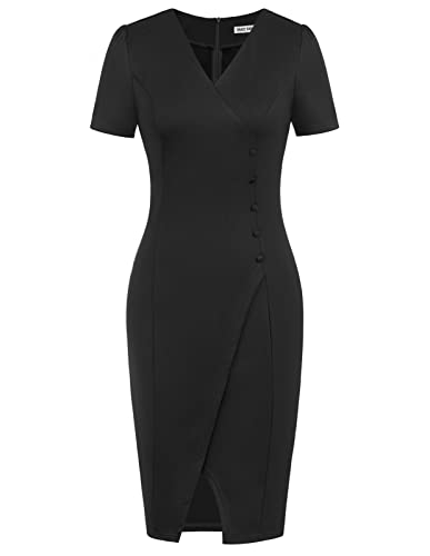 Women Pencil Dress Puff Short Sleeve Wrapped Slit V Neck Evening Night Sexy Dress Black L