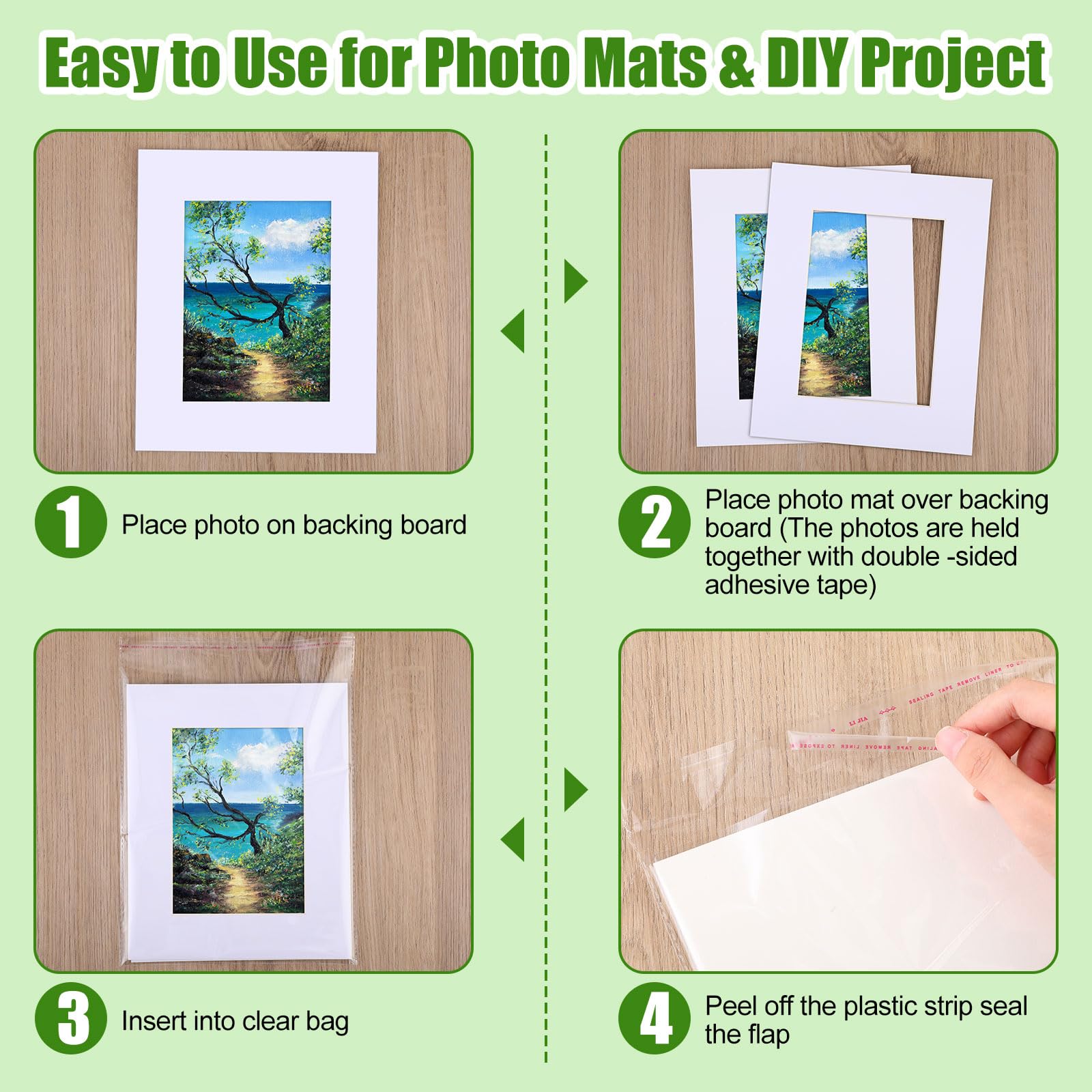 Tenceur 30 Sets Mixed Size Pre Cut Picture Mat Board Kit Includes 30 Picture Frame Mats White Core Bevel Cut Mattes 30 Backing Board 30 Clear Seal Bags for Photo Art Prints Artwork Certificate, 3 Size