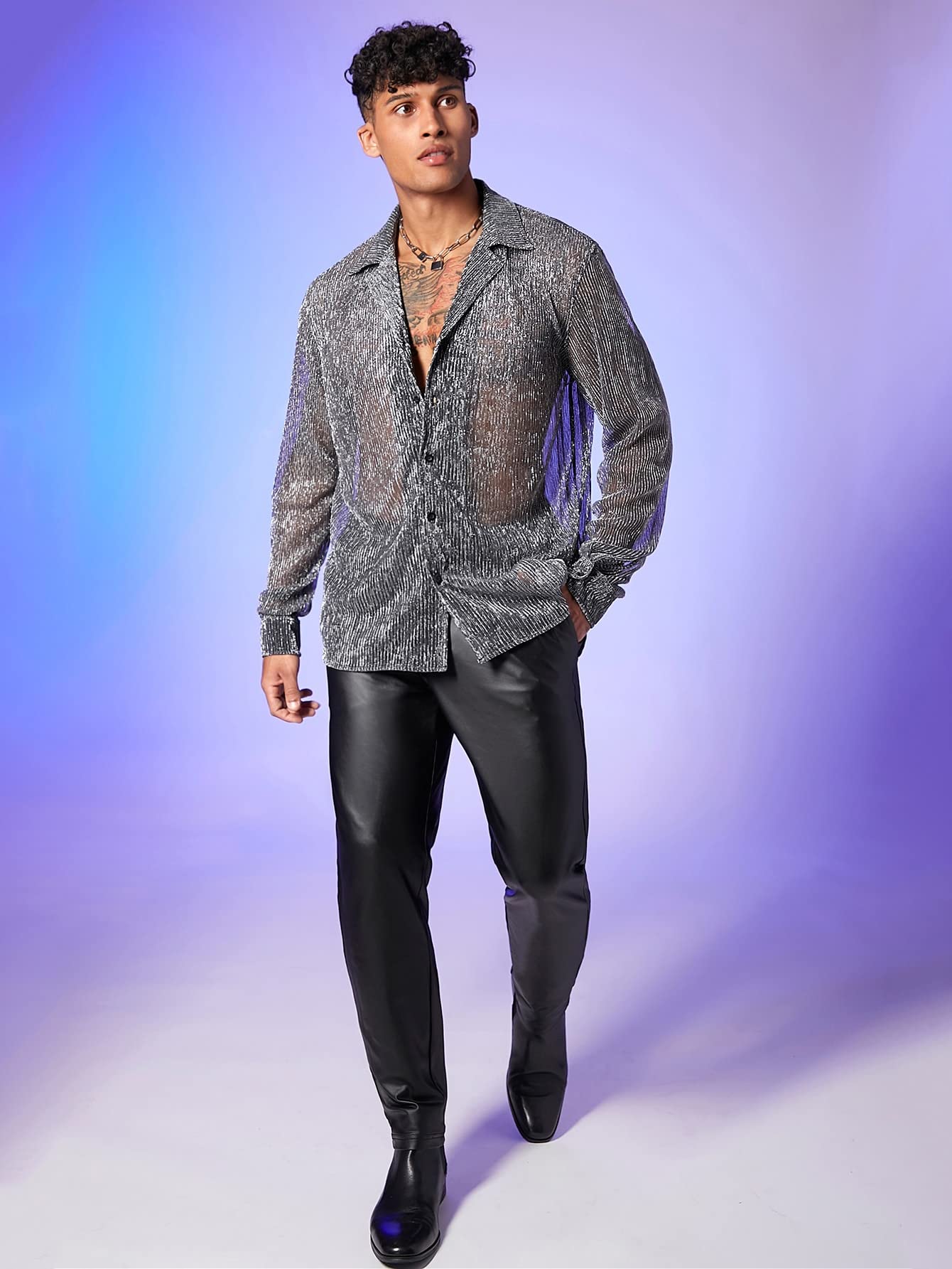 WDIRARA Men's Sheer Mesh See Through Glitter Button Front Long Sleeve Shirt Tops Silver XL