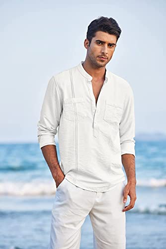 COOFANDY Men's Linen Henley Shirt Long Sleeve Casual Hippie Cotton Beach T Shirts White