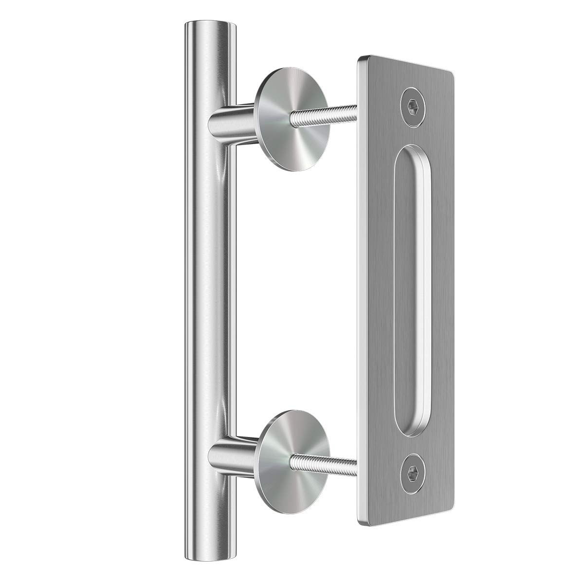 SMARTSTANDARD 10 Inch Sliding Barn Door Handle, Pull and Flush Hardware Set, Stainless Steel, Large Rustic Two-Side Design, Round