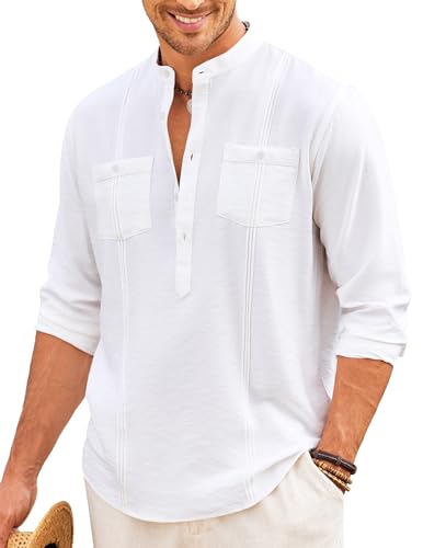COOFANDY Men's Linen Henley Shirt Long Sleeve Casual Hippie Cotton Beach T Shirts White