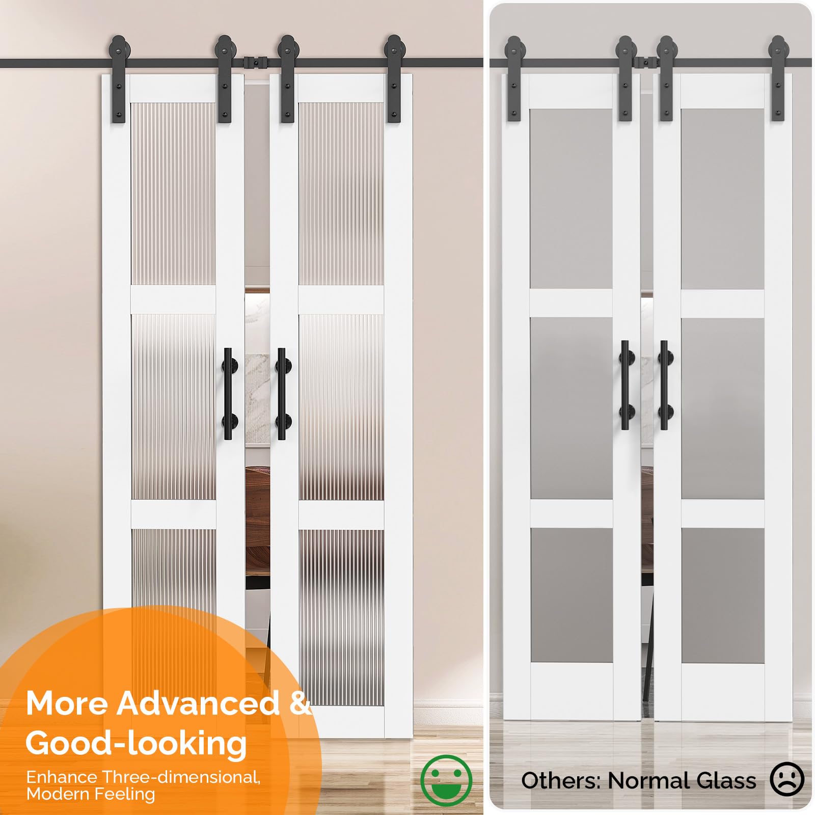 VINGLI 36in x 84in Glass Barn Door with 6.6ft Sliding Barn Door Hardware Kit &Handles, Pre-Drilled Holes Easy Assembly Solid Wood Slab White Sliding Door (Double 18"x84" Doors + 6.6' Track Kit)