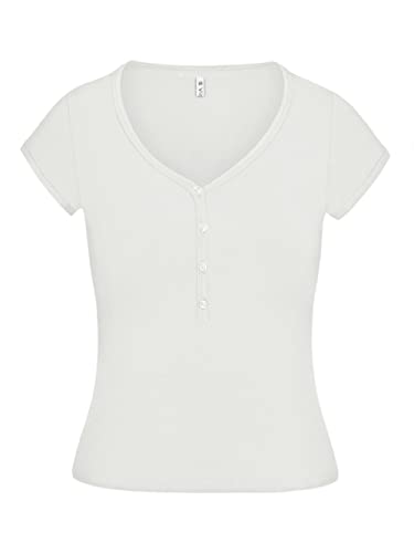 REORIA Women’s Summer Sexy Casual Henley V Neck Button Down Short Sleeve Going Out Y2K Ribbed Tshirts Crop Tops White Small