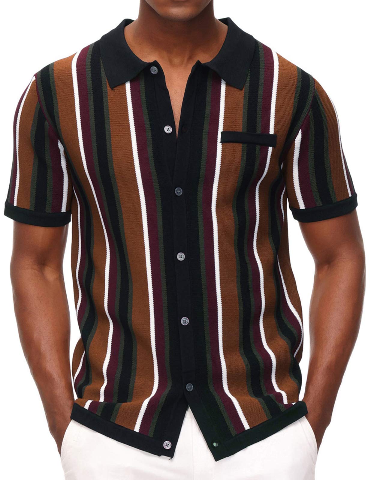 PJ PAUL JONES Mens Casual Short Sleeve Shirt Button Down Knit Stripe Polo Shirt Black M