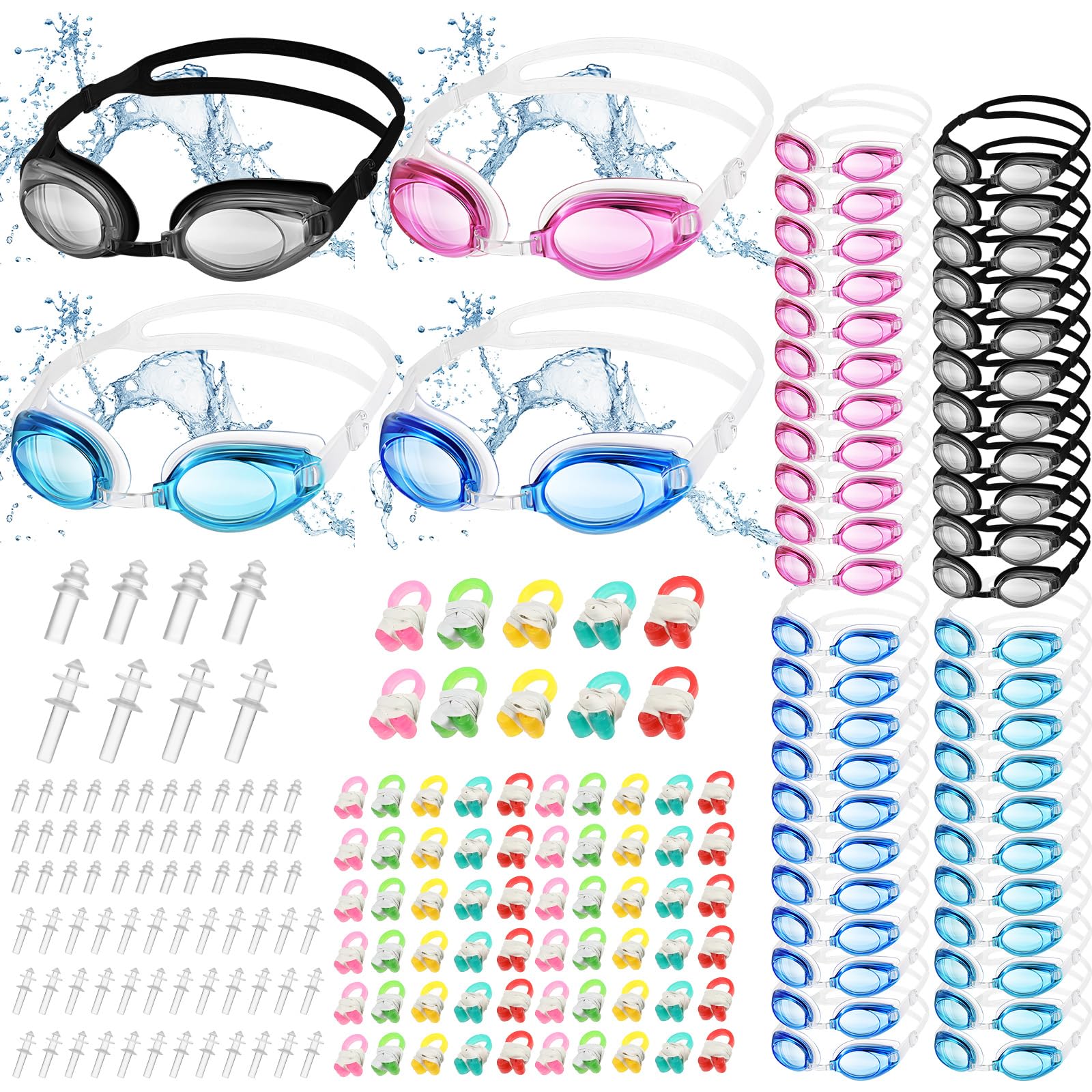 Kanayu 72 Pairs Swimming Goggles for Adult with 72 Set Ear Plug and Nose Clips Youth Anti Fog Water Sport Swim Goggles No Leaking Wide Vision Swim Glasses, 4 Color