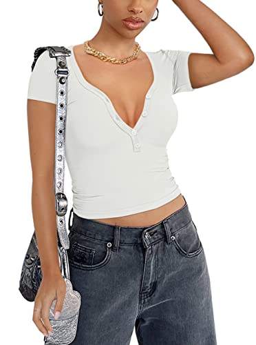 REORIA Women’s Summer Sexy Casual Henley V Neck Button Down Short Sleeve Going Out Y2K Ribbed Tshirts Crop Tops White Small