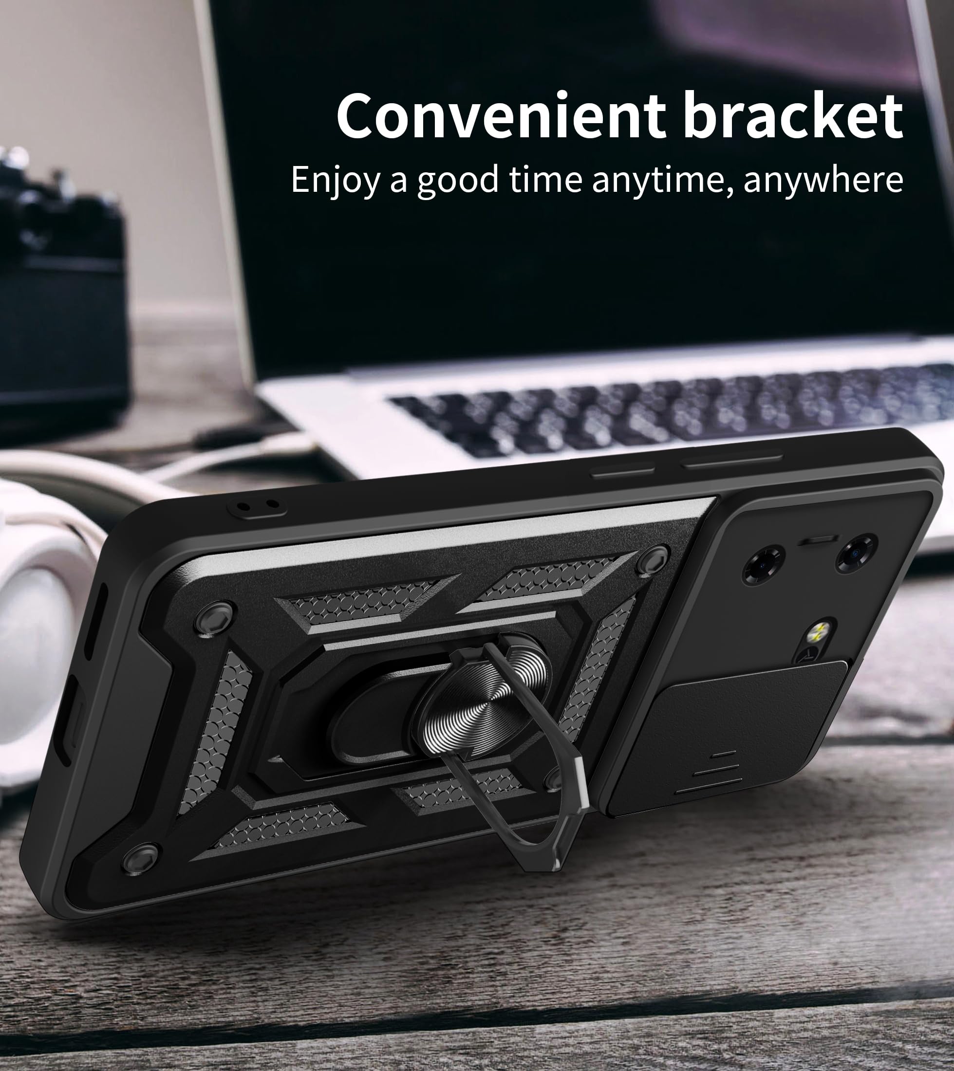 Kukoufey Compatible with Tecno Pova 5 Bracket Shell,with Slide Camera Lens Cover Compatible with Tecno Pova 5 Free Fire LH7n Case Black