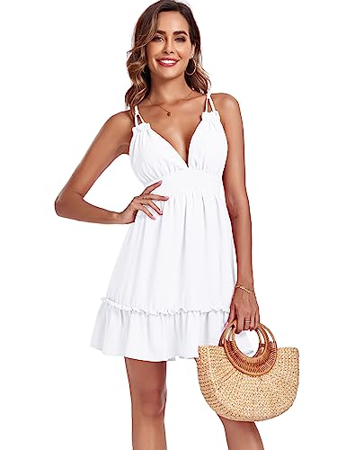 ZAFUL Womens V Neck Sexy Backless Dress Criss Cross Adjustable Spaghetti Strap Short Dress White M