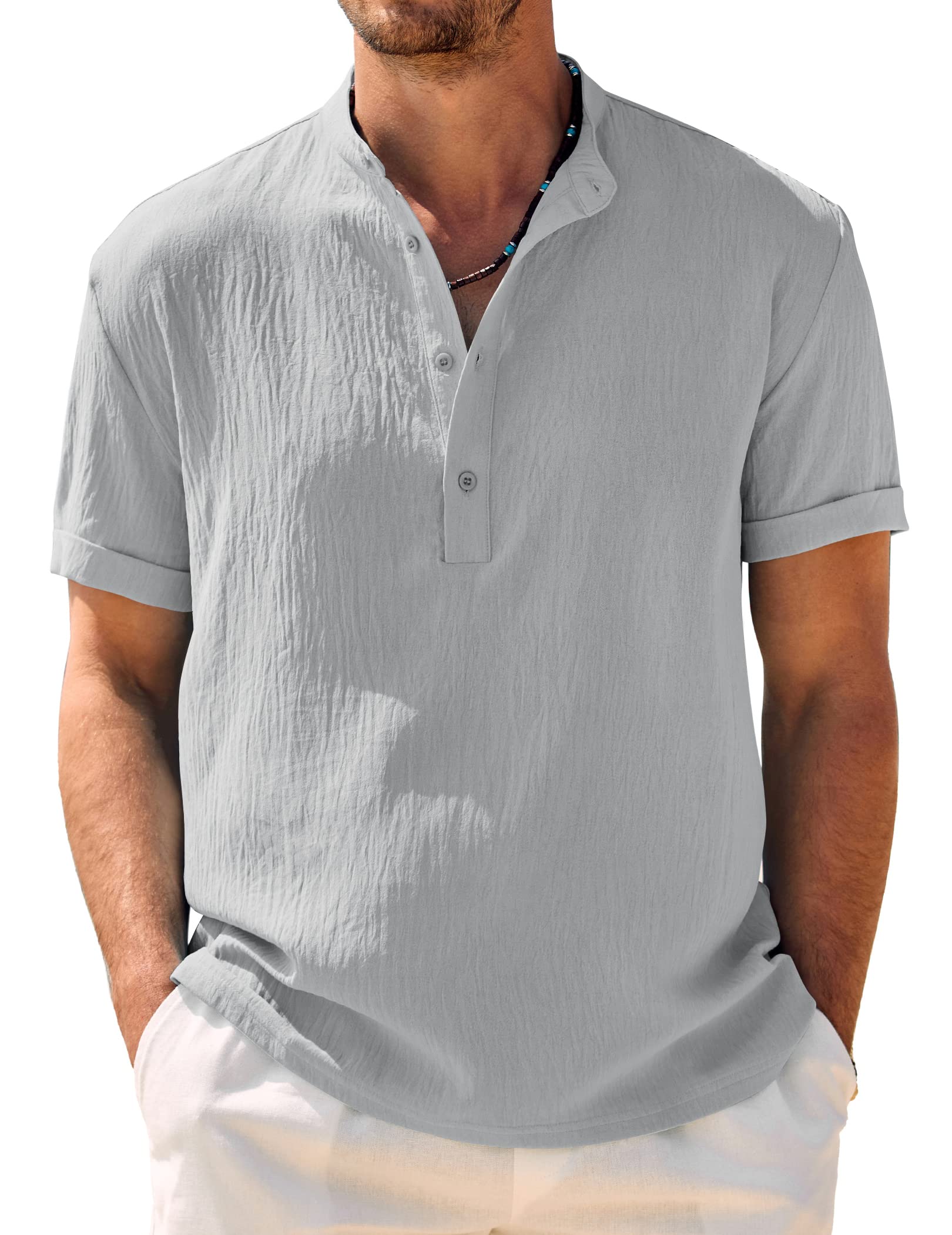 COOFANDY Men Hippie Beach T Shirts Band Collar Henley Shirt Summer Resort Wear Light Grey