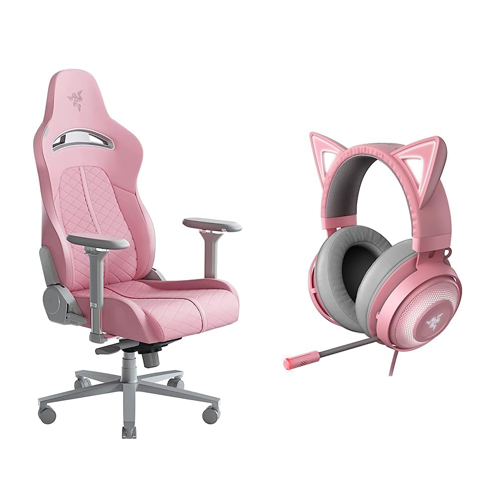 Razer Enki Gaming Chair: All-Day Gaming Comfort - Built-in Lumbar Arch - Optimized Cushion Density & Kraken Kitty RGB USB Gaming Headset: THX 7.1 Spatial Surround Sound - Chroma RGB Lighting