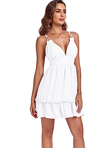 ZAFUL Womens V Neck Sexy Backless Dress Criss Cross Adjustable Spaghetti Strap Short Dress White M