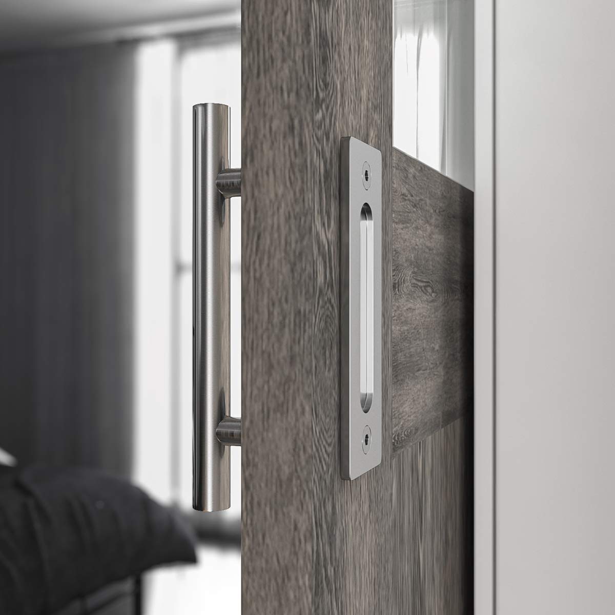 SMARTSTANDARD 10 Inch Sliding Barn Door Handle, Pull and Flush Hardware Set, Stainless Steel, Large Rustic Two-Side Design, Round