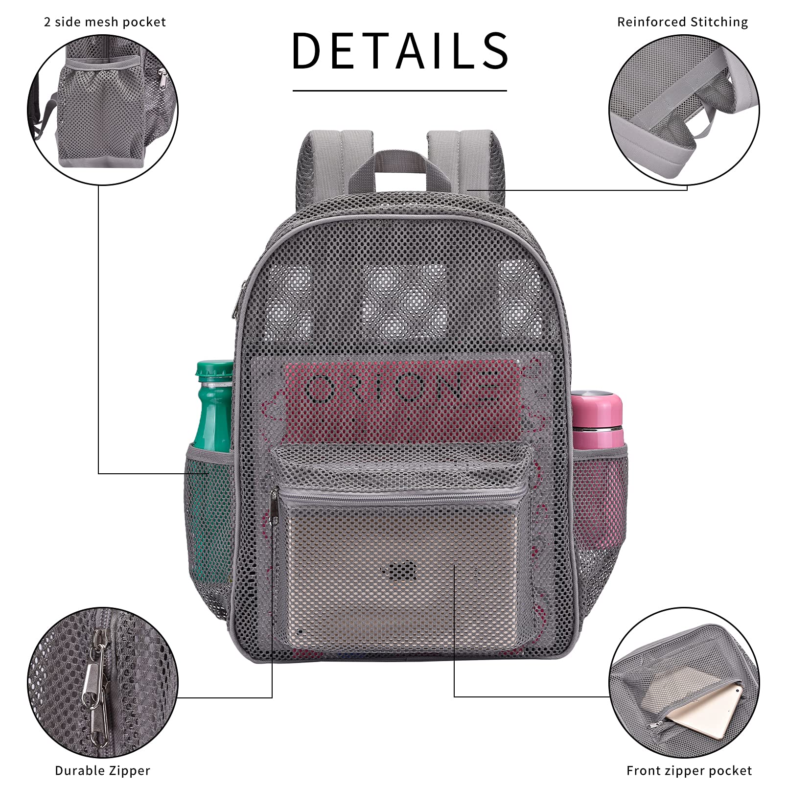 USPECLARE Heavy Duty Semi-Transparent Mesh Backpack,See Through College Student Backpack (Grey)