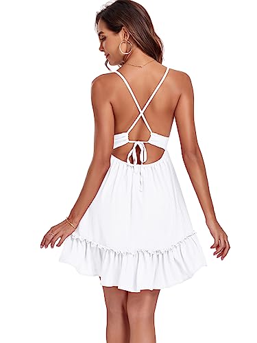 ZAFUL Womens V Neck Sexy Backless Dress Criss Cross Adjustable Spaghetti Strap Short Dress White M