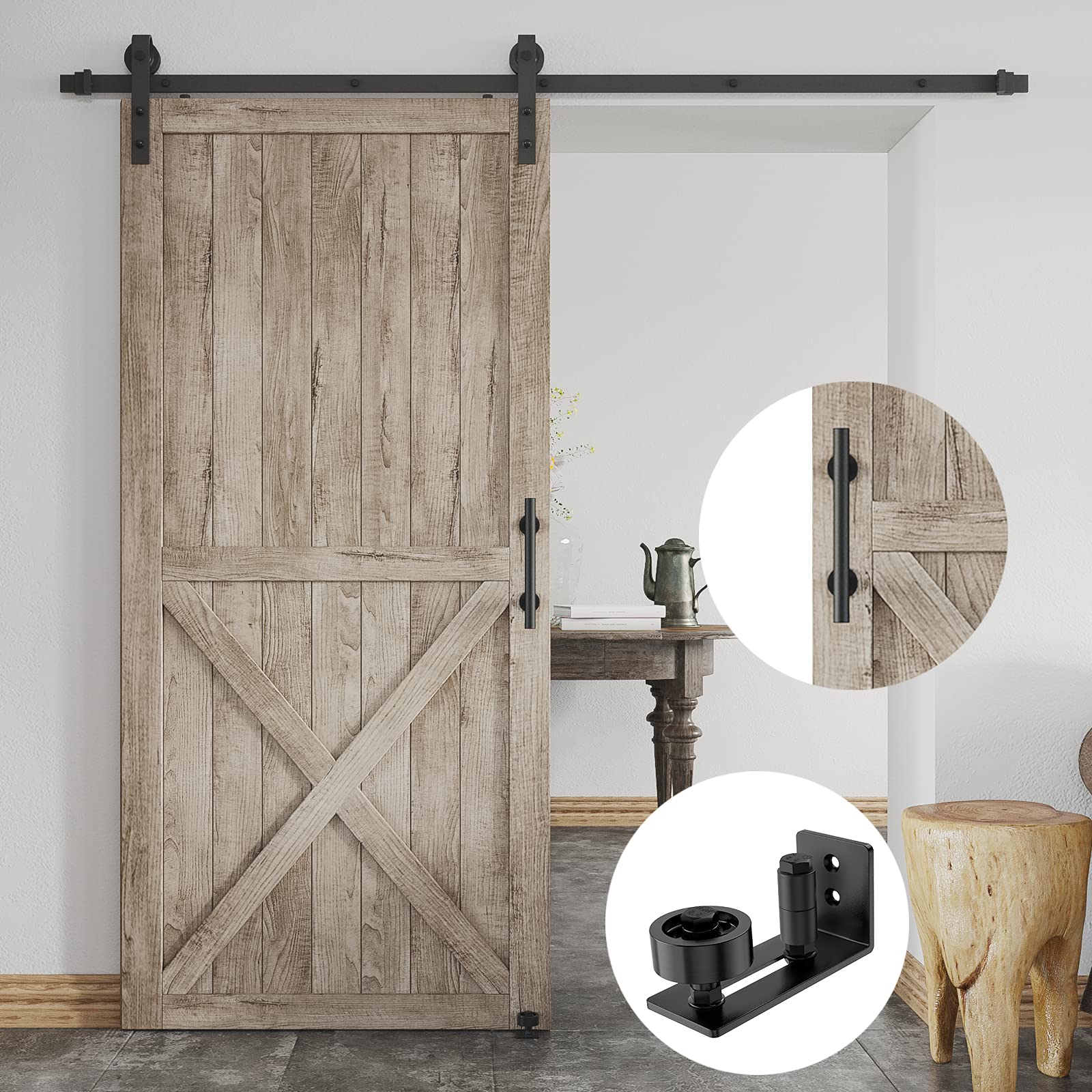 HomLxclx 12" Sliding Barn Door Handle Pull and Flush Hardware Set & Barn Door Floor Guide 8 in 1 Adjustable Roller, Easy to Install, Black