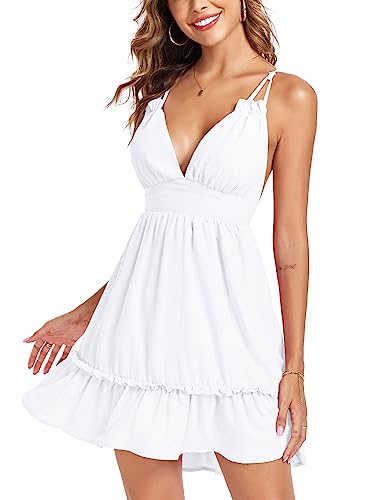 ZAFUL Womens V Neck Sexy Backless Dress Criss Cross Adjustable Spaghetti Strap Short Dress White M