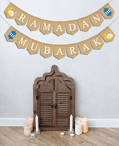 PTFNY Ramadan Mubarak Burlap Banner Muslim Ramadan Mubarak Bunting Banner Garland with Moon Castle Lantern Signs for Islamic Ramadan Eid Festival Celebration Mantle Fireplace Wall Party Decorations