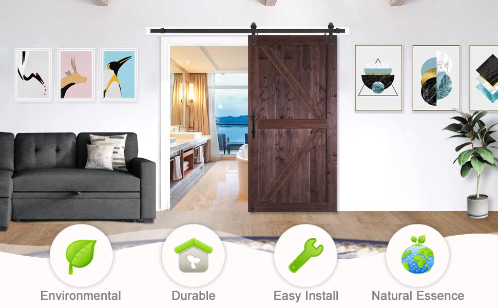 S&Z TOPHAND® 36 in x 84 in Brown British Brace Knotty Barn Door with 6.6FT Sliding Door Hardware Kit/Double -Sided Door Handle/Solid Wood/Double Surfaces/Simple Assembly is Required