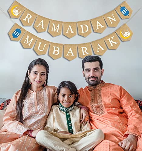 PTFNY Ramadan Mubarak Burlap Banner Muslim Ramadan Mubarak Bunting Banner Garland with Moon Castle Lantern Signs for Islamic Ramadan Eid Festival Celebration Mantle Fireplace Wall Party Decorations