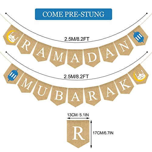 PTFNY Ramadan Mubarak Burlap Banner Muslim Ramadan Mubarak Bunting Banner Garland with Moon Castle Lantern Signs for Islamic Ramadan Eid Festival Celebration Mantle Fireplace Wall Party Decorations