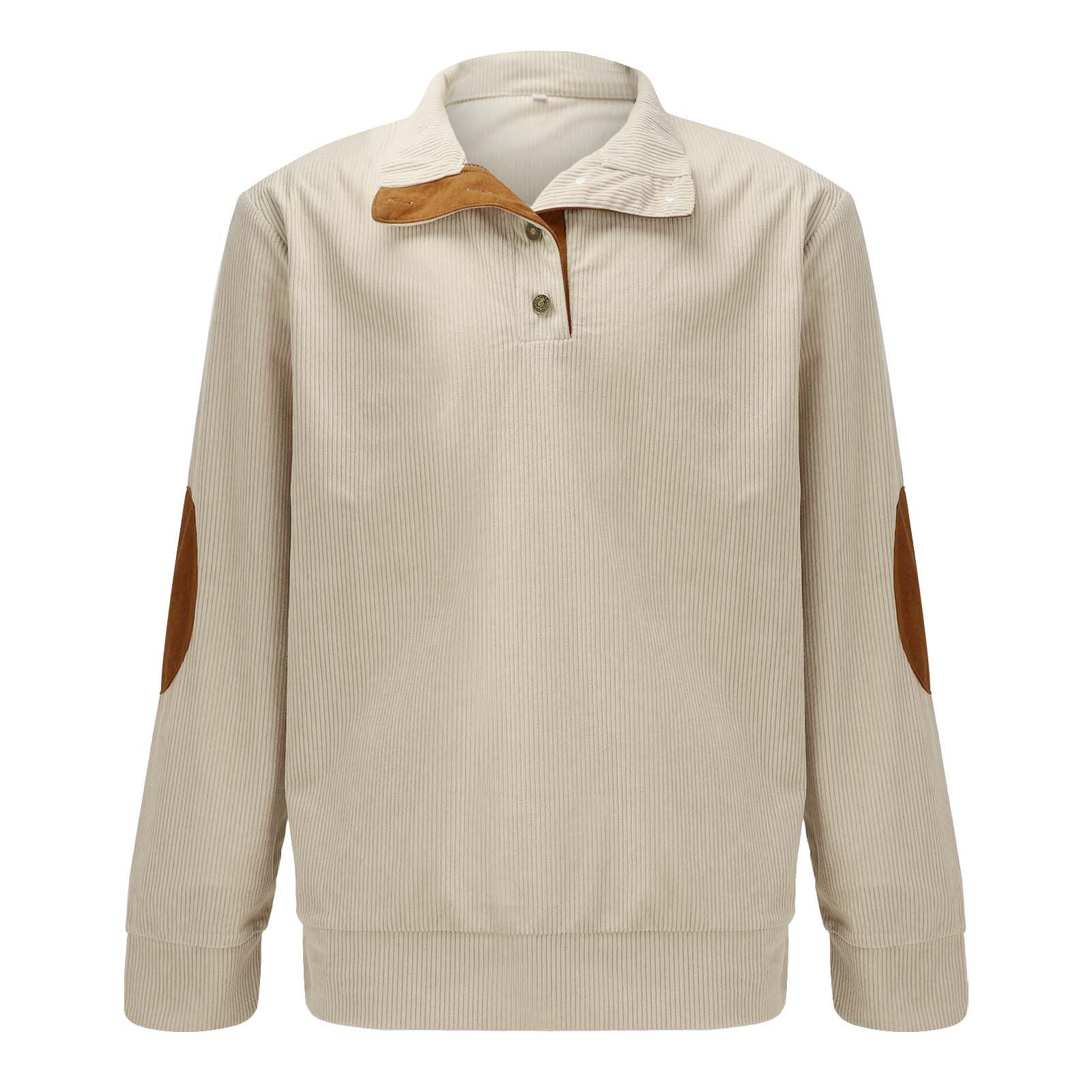 MDNZCTH Mens Corduroy Shirt with Elbow Patches Button Up Mock Neck Long Sleeve Sweaters Casual Polo Sweatshirts Lapel Collar Golf Pullover 2023 Men Fall Winter Clothes Sale Clearance Track Jackets