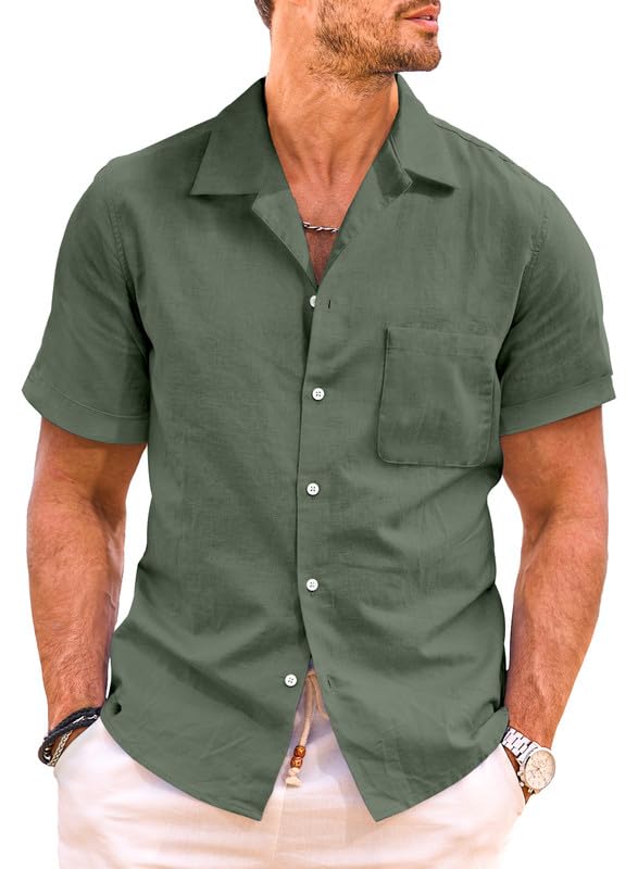 JMIERR Men's Linen Cotton Hawaiian Shirt, Casual Button Down Beach Wear, Cuban Collar Short Sleeve with Pocket - XL, Green