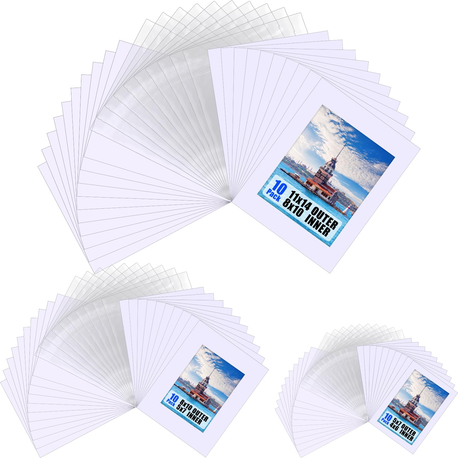 Tenceur 30 Sets Mixed Size Pre Cut Picture Mat Board Kit Includes 30 Picture Frame Mats White Core Bevel Cut Mattes 30 Backing Board 30 Clear Seal Bags for Photo Art Prints Artwork Certificate, 3 Size