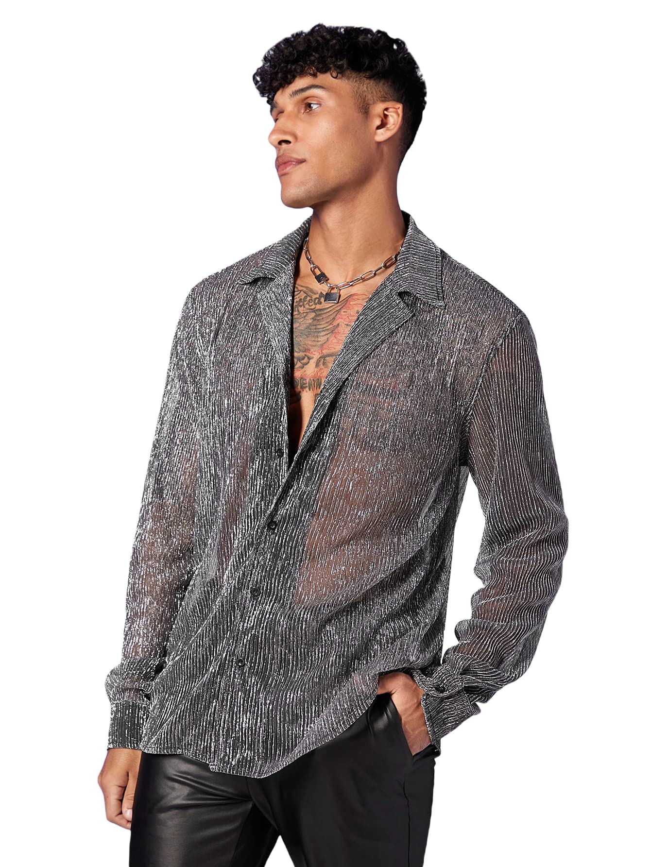 WDIRARA Men's Sheer Mesh See Through Glitter Button Front Long Sleeve Shirt Tops Silver XL