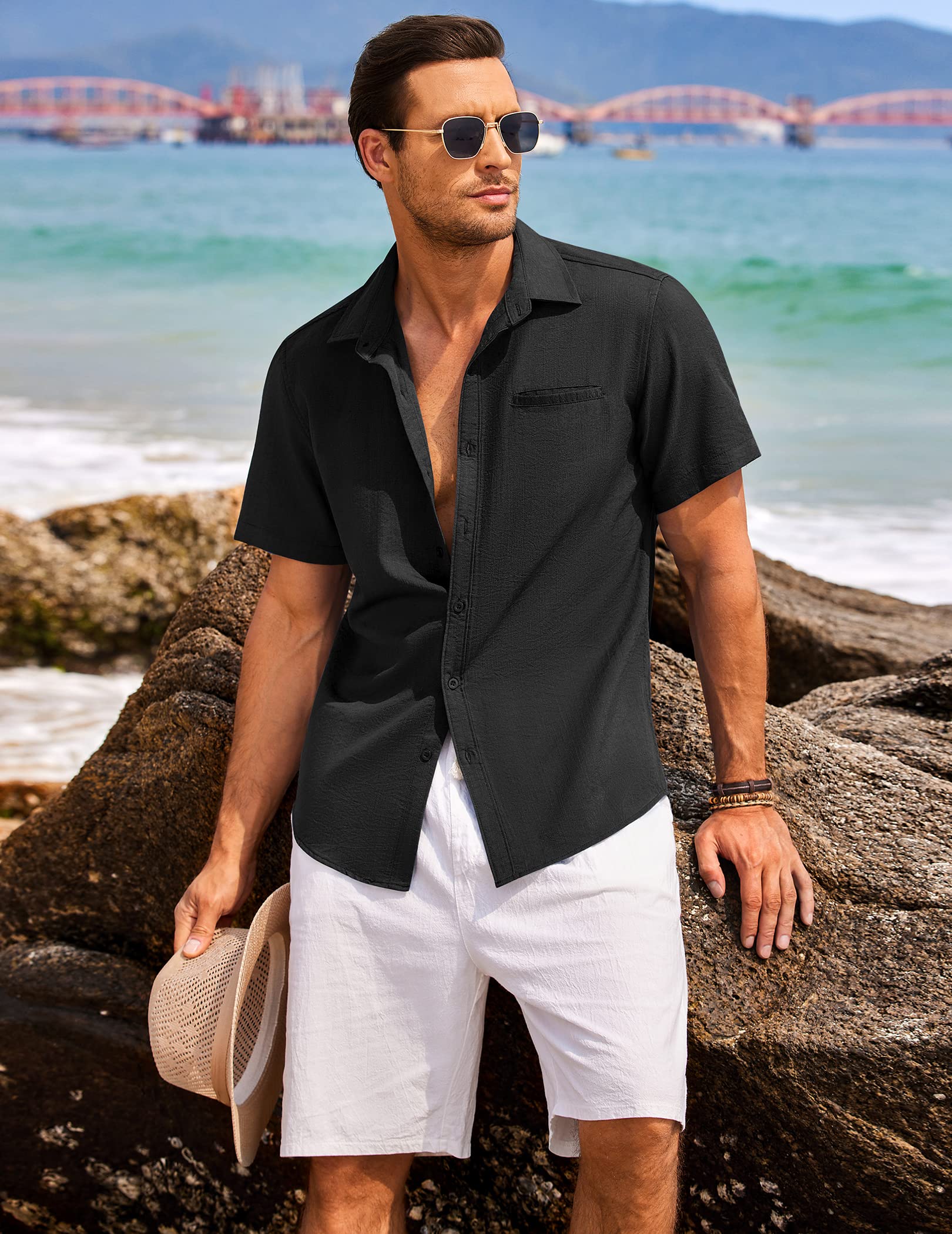 COOFANDY Mens Black Short Sleeve Button Down Shirts Summer Beach Linen Shirts Lightweight Resort Wear Shirts