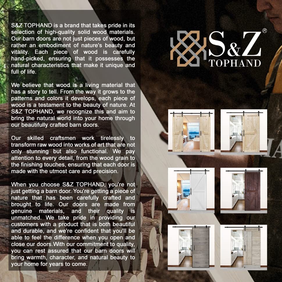 S&Z TOPHAND® 36 in x 84 in Brown British Brace Knotty Barn Door with 6.6FT Sliding Door Hardware Kit/Double -Sided Door Handle/Solid Wood/Double Surfaces/Simple Assembly is Required
