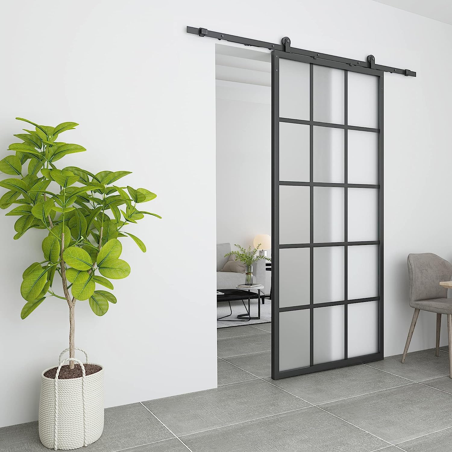 BARNSMITH 42in x 84in Frosted Glass Barn Door with 7FT Top Mounted Hardware kit Include Soft Close Mechanism DIY 15 Lites Modern Aluminum Frame Glass Sliding Barn Door Disassembled Easy Installation