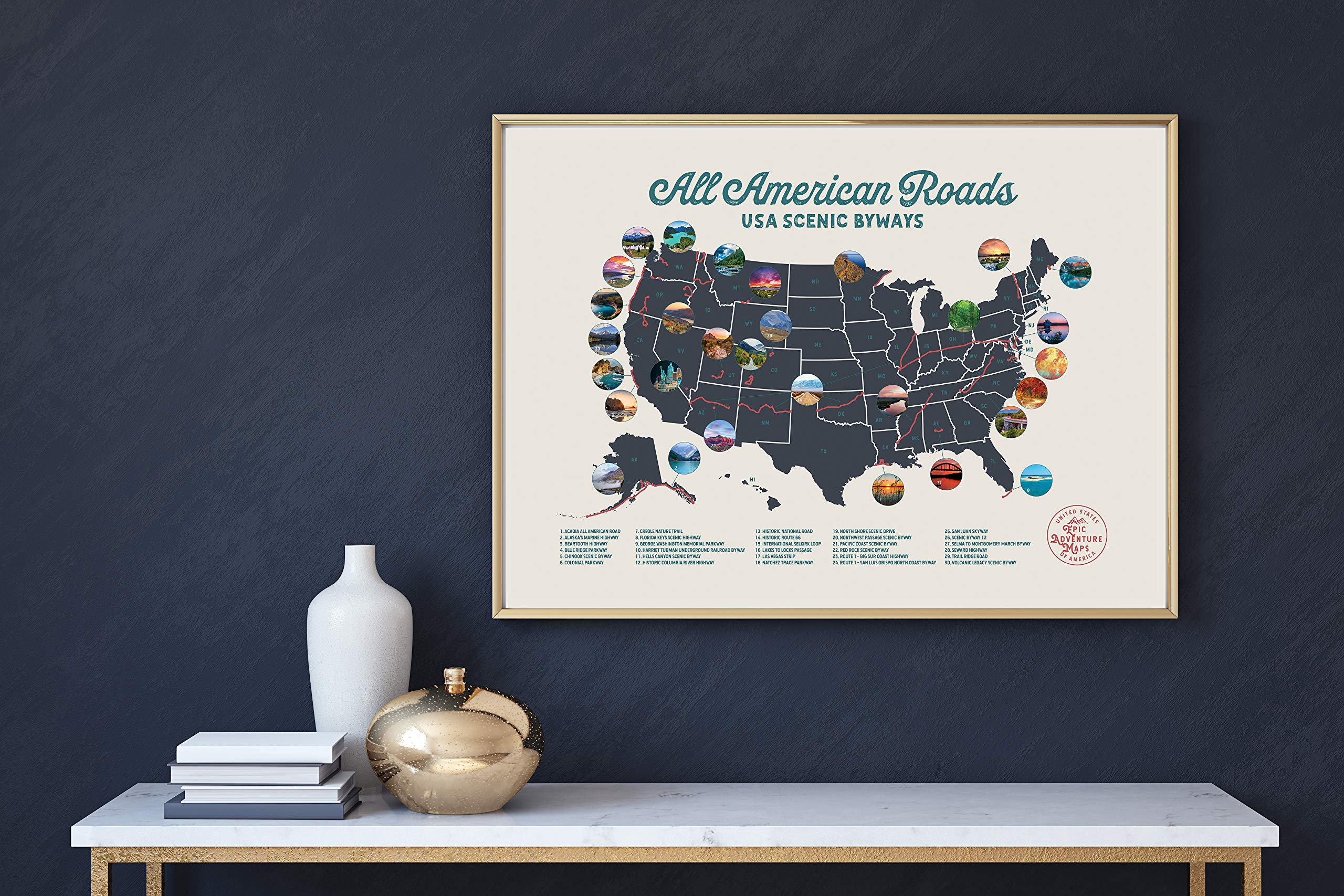 Epic Adventure Maps All American Roadtrip USA Scenic Byways Push Pin Map 24" x 17" - USA Wall Map to Mark Road Trips Through America - Multicolored Pushpins Included - Great (Beige)