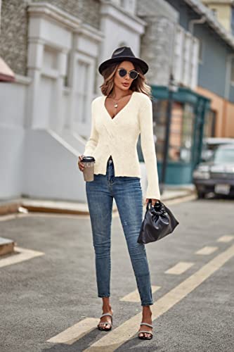 ZAFUL Women's Criss Cross V Neck Sweaters 2024 Dressy Casual Front Slit Ribbed Knit Pullover Sweater Jumper Tops Cream