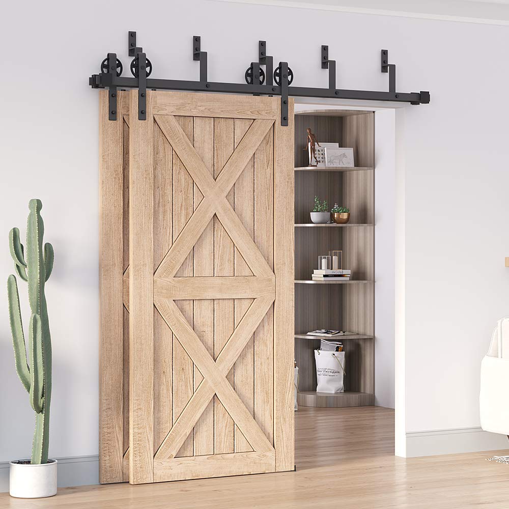 ZEKOO 5-18 FT Bypass Barn Door Hardware for Double Barn Door, Barn Door Track for Sliding Closet Door, Heavy Duty Double Bypass Barn Door Kit Big Black Spoke Hangers (9FT Bypass Double Door Kit)