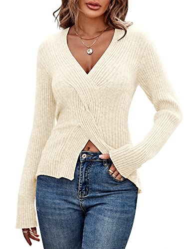 ZAFUL Women's Criss Cross V Neck Sweaters 2024 Dressy Casual Front Slit Ribbed Knit Pullover Sweater Jumper Tops Cream