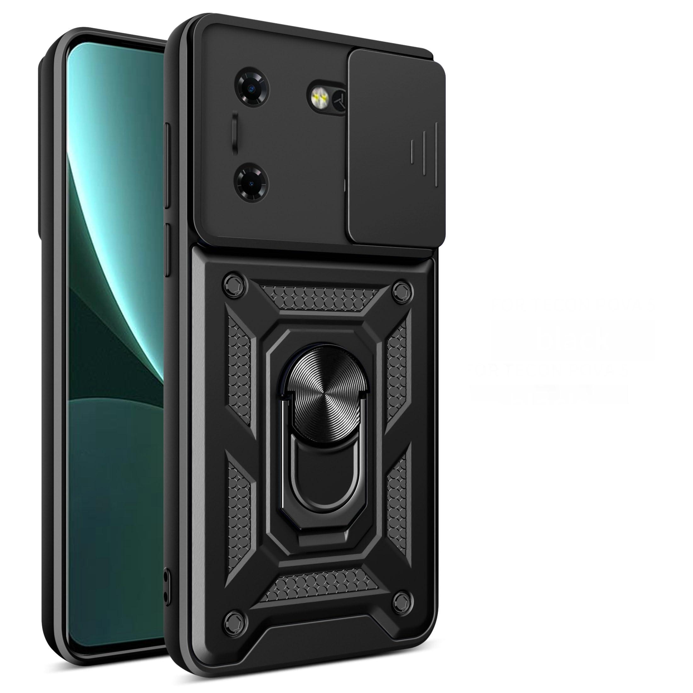 Kukoufey Compatible with Tecno Pova 5 Bracket Shell,with Slide Camera Lens Cover Compatible with Tecno Pova 5 Free Fire LH7n Case Black