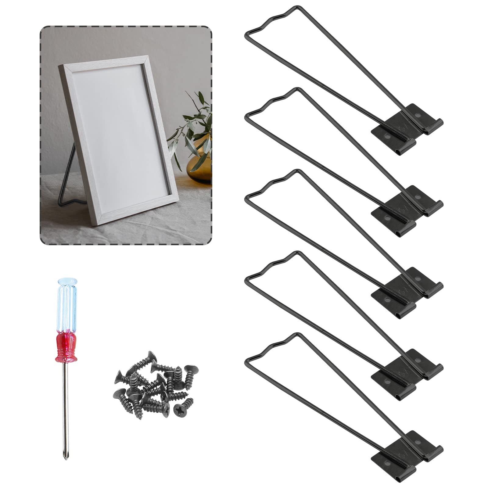 Rierdge 5 Pcs Easel Back, Iron Picture Frame Easel Back, Photo Frame Easel Back Stand with Screws & Screwdriver (Black)