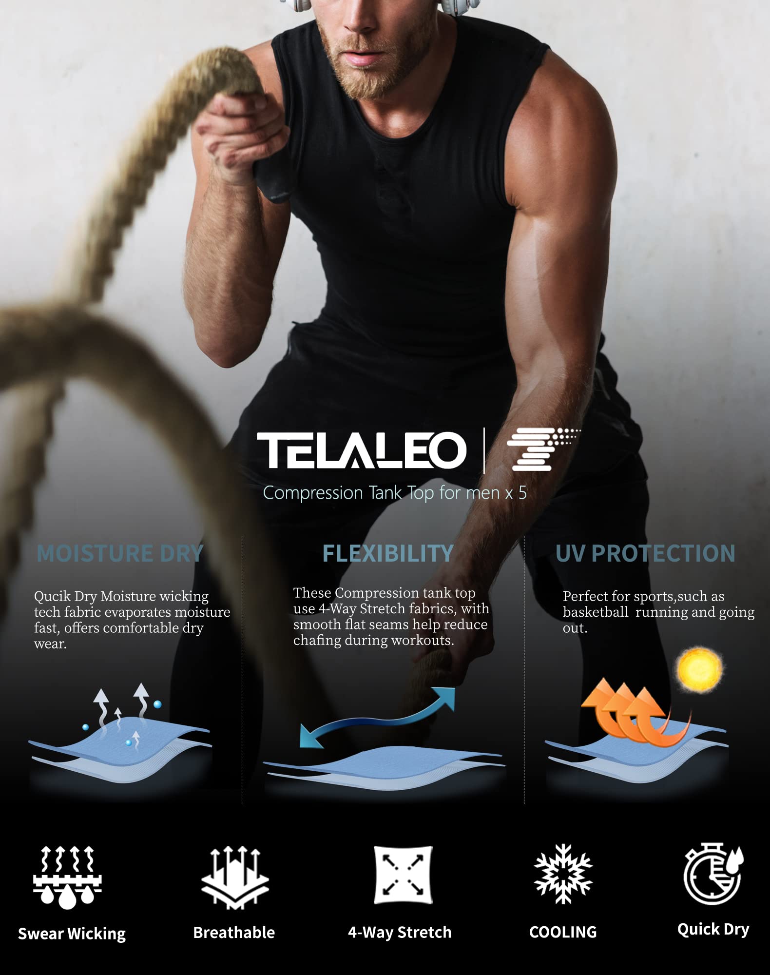 TELALEO 5 Pack Men's Athletic Compression Shirts Sleeveless Workout Tank Top Sports Base Layer Running Basketball White/Black S