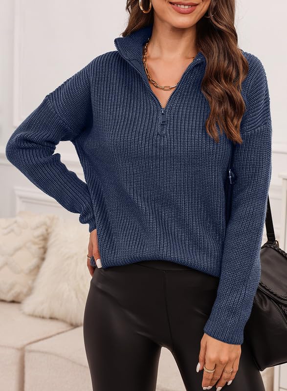 EVALESS Plus Size Sweaters for Women Long Sleeve Fall Tops Trendy 2024 Cute Rib Knit Quarter Zip Pullover Chunky Sweaters Dressy Casual Winter Outfits Ladies Oversized Light Blue Sweater, XX-Large