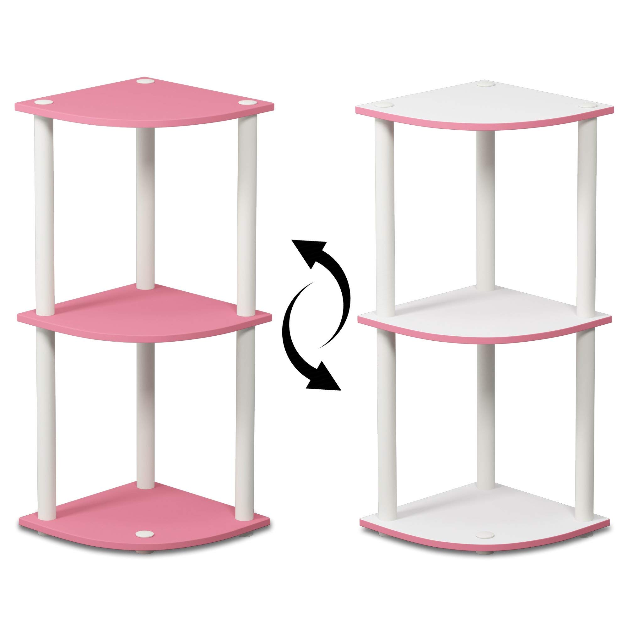 Furinno Jaya Simple Home 3-Tier Bookcase and Turn-N-Tube 3-Tier Corner Display Rack (Pink/White)