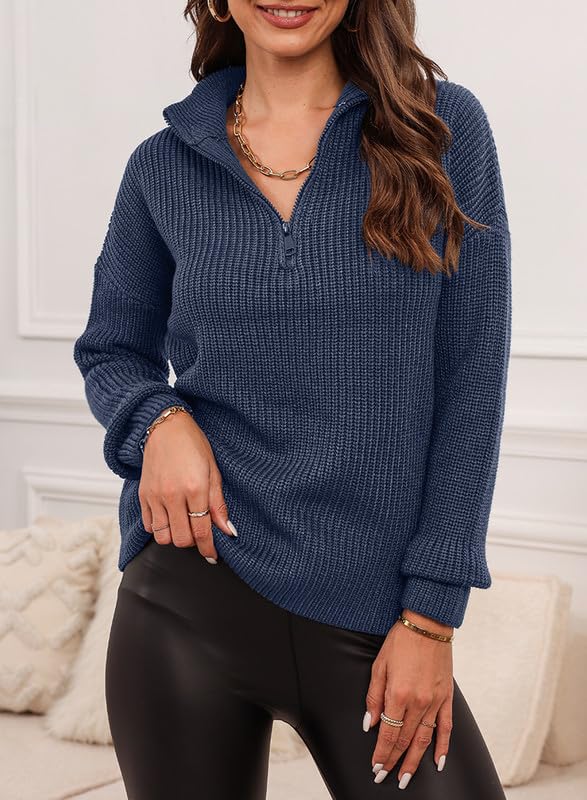 EVALESS Plus Size Sweaters for Women Long Sleeve Fall Tops Trendy 2024 Cute Rib Knit Quarter Zip Pullover Chunky Sweaters Dressy Casual Winter Outfits Ladies Oversized Light Blue Sweater, XX-Large
