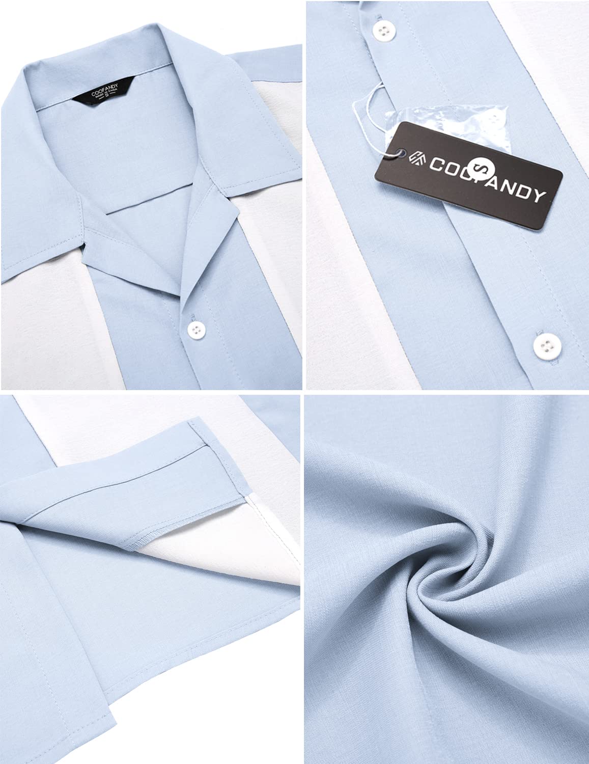 COOFANDY Men's Casual Button Down Shirts Retro Bowling Shirts Beach Wear Clothing Light Blue White